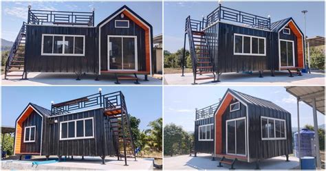 แบบบ้านน็อคดาวน์ทรงกล่อง โทนสีดำเท่ๆ Nordic Minimal Style มีดาดฟ้า พร้อมบาร์นั่งชมวิว