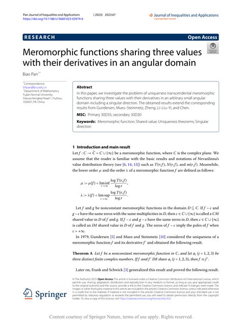 Pdf Meromorphic Functions Sharing Three Values With Their Derivatives In An Angular Domain