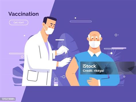 여성 의사가 코로나 바이러스에 대한 노인 환자를 예방 접종하는 것을 묘사한 벡터 일러스트 백신접종에 대한 스톡 벡터 아트 및
