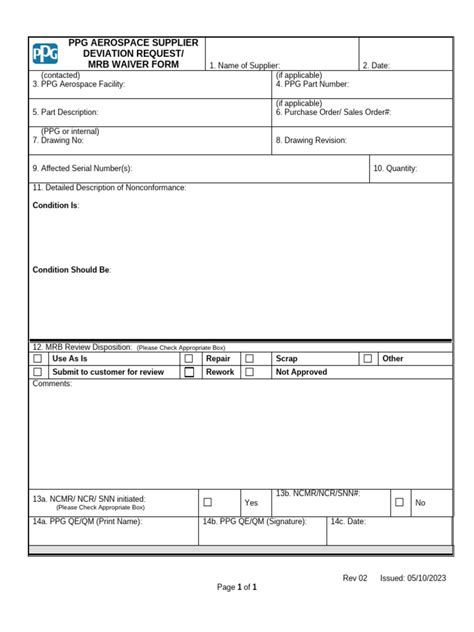 Ppg Supplier Deviation Request Mrb Waiver Form Rev 02 Pdf
