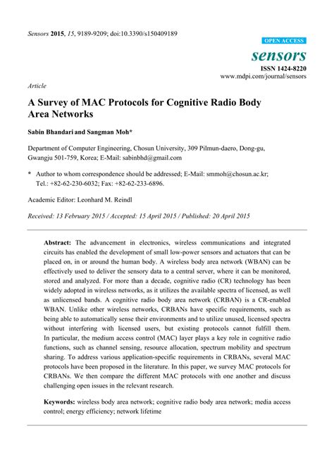 Pdf A Survey Of Mac Protocols For Cognitive Radio Body Area Networks