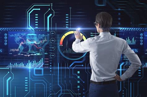 Premium Photo Back View Of Attractive Young European Man Using Hightech Sensor Circuit Board