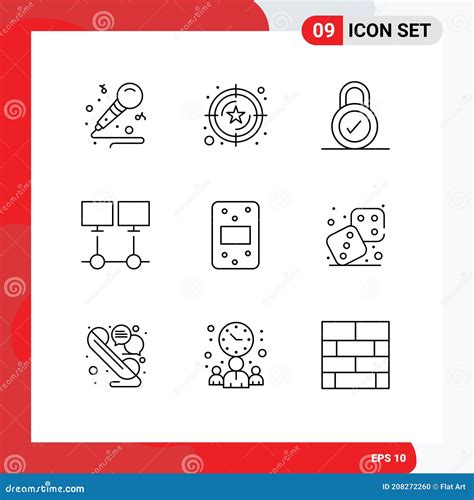 Pack Of 9 Creative Outlines Of Food Server Lock Network Connection Stock Vector