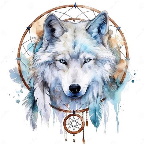 A Watercolor Painting Of A Wolf With A Dream Catcher Generative Ai