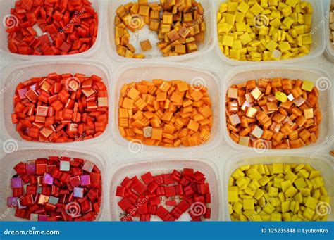 Containers With Colored Glass Elements For Mosaic Yellow Red Orange