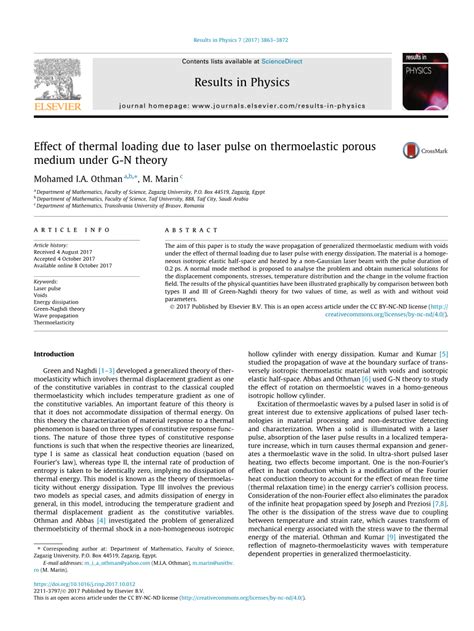 Pdf Effect Of Thermal Loading Due To Laser Pulse On Thermoelastic Porous Medium Under G N Theory