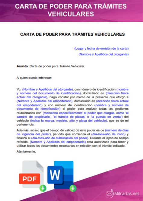 Carta De Poder Para Trámites Vehiculares Descargar Gratis