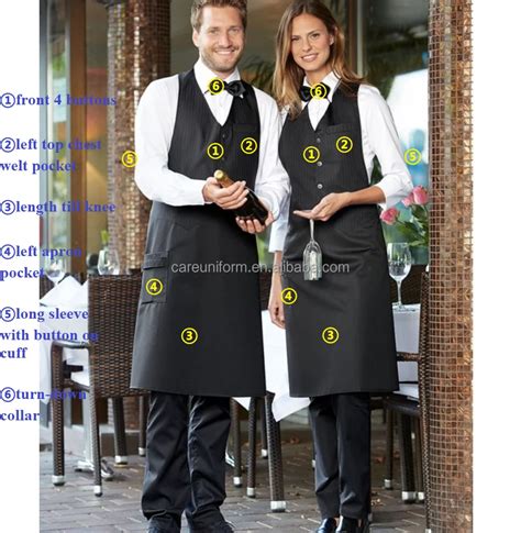 앞치마 세트 레스토랑 유니폼 고품질 새로운 맞춤형 디자인 호텔 클래식 셔츠와 패션 웨이터웨이트리스 작업복 Twill Buy