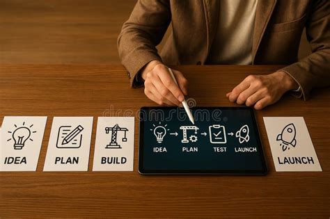 Business Project Development Workflow On Tablet And Desk Cards Showing