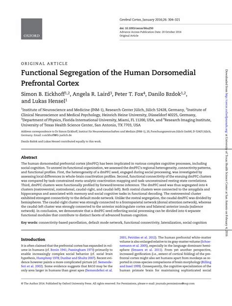 Pdf Functional Segregation Of The Human Dorsomedial Prefrontal Pubs Eickhoff