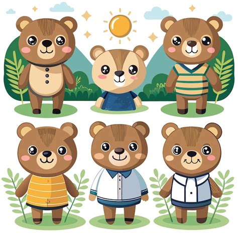 Cute Cartoon Bears In Various Outfits And Poses Against A Nature Backdrop Premium AI Generated