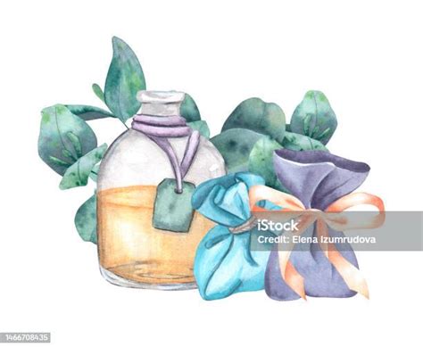 유리 병과 흰색 배경에 격리 된 수채화로 그려진 향기로운 허브 가방이있는 구성 0명에 대한 스톡 벡터 아트 및 기타 이미지