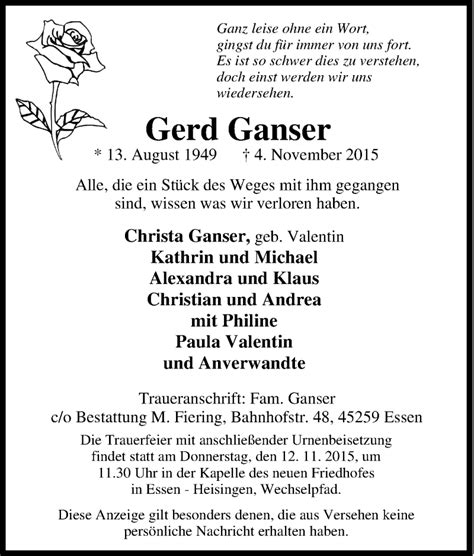 Traueranzeigen Von Gerd Ganser Trauer In Nrw De