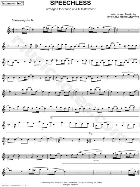 Lady Gaga Speechless C Instrument Sheet Music Flute Violin Oboe