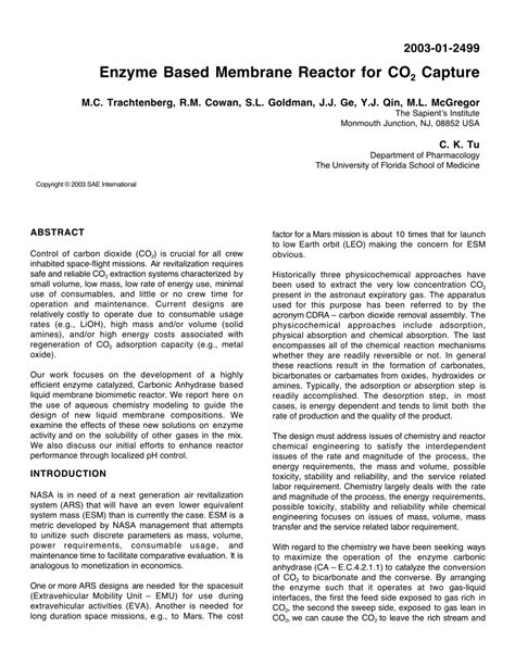 Pdf Enzyme Based Membrane Reactor For Co2 Capture