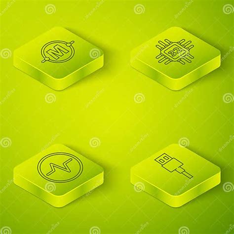 Set Isometric Processor With Microcircuits Cpu Electric Circuit Scheme Usb Cable Cord And