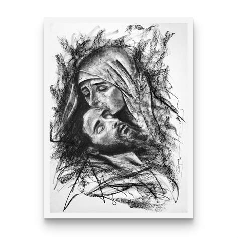 Pieta Charcoal Drawing Original Mother Mary And Jesus Art Mothers