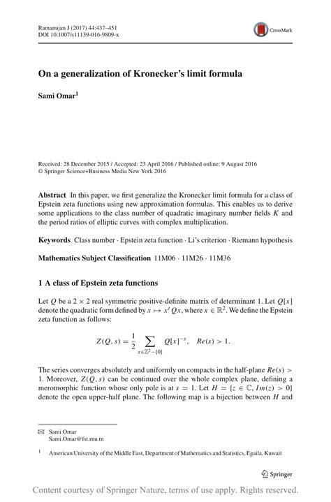 on a generalization of kronecker s limit formula