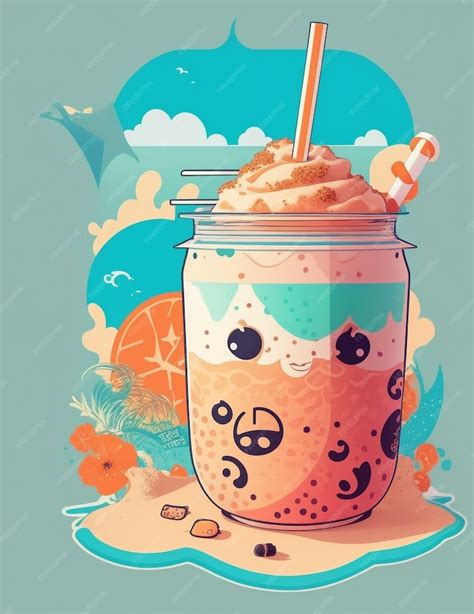Premium Ai Image Cute Bubble Tea In Beach Background Streetwear Style