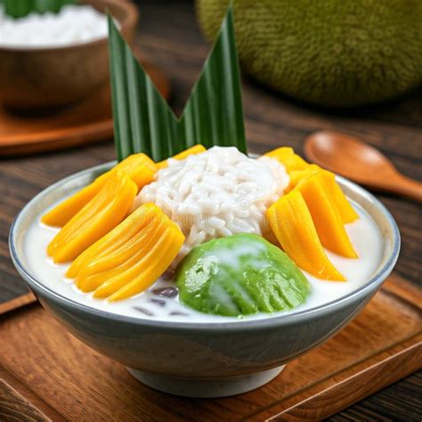 Mango Sticky Rice With Pandan Dessert In Bowl Stock Illustration