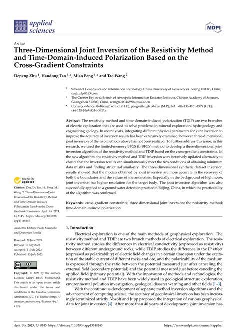 Pdf Three Dimensional Joint Inversion Of The Resistivity Method And Time Domain Induced