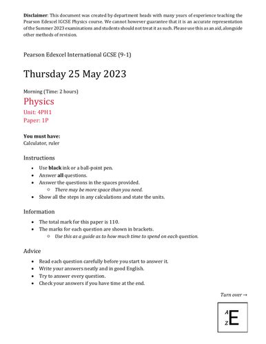 Mock Exam Edexcel Igcse Physics Paper 1p Set 2 Teaching Resources