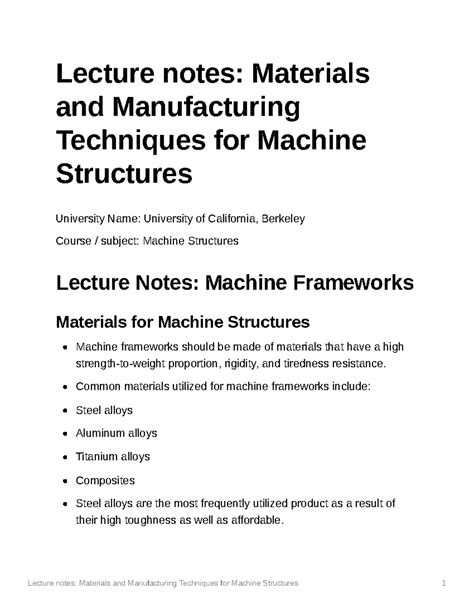 Lecture Notes Materials And Manufacturing Techniques For Machine Lecture Notes Materials And