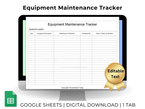 Equipment Maintenance Tracker Text Editable Repair And Preventative Service Record Log Template