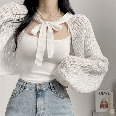 [여름까지 쭉] 흘러내림 X 리본 끈 얇은 크롭 볼레로 가디건 7color 에이블리