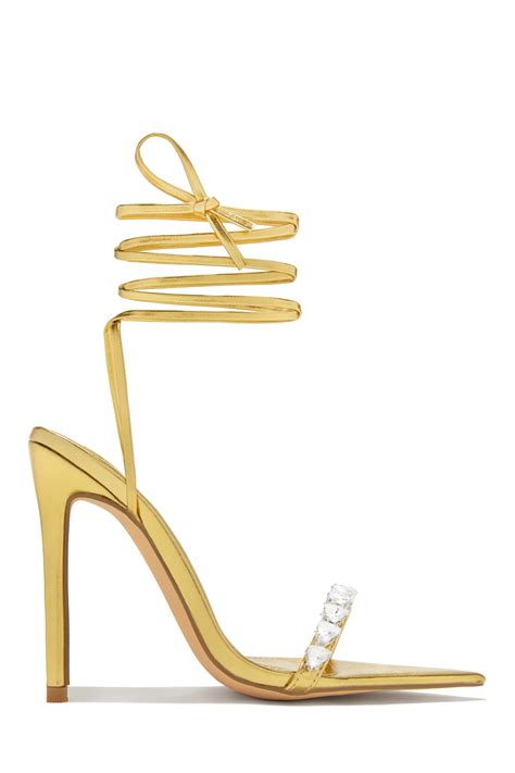 Miss Lola Monroe Gold Embellished Lace Up High Heels Miss Lola