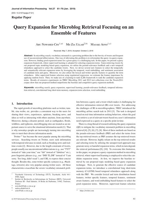 Pdf Query Expansion For Microblog Retrieval Focusing On An Ensemble Of Features