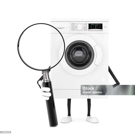 돋보기와 현대 흰색 세탁기 캐릭터 마스코트와 빈 흰색 빈 배너 3d 렌더링 가사 집안일에 대한 스톡 사진 및 기타 이미지