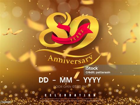 골드 배경에 89 년 기념일 로고 템플릿 89th 빨간 리본 벡터와 색종이 고립 된 디자인 요소와 황금 숫자를 축 하 0명에 대한 스톡 벡터 아트 및 기타 이미지 Istock