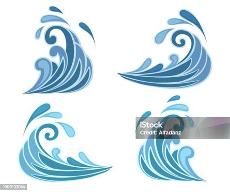 파형 아이콘 설정합니다 평평한 푸른 물 파도 뿌려 놓은 것 요 곡선 해양 환경 요소 디자인입니다 벡터 일러스트 레이 션 흰색 배경에 고립 0명에 대한 스톡 벡터 아트 및