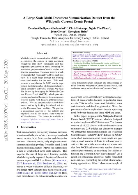 Pdf A Large Scale Multi Document Summarization Dataset From The Wikipedia Current Events Portal