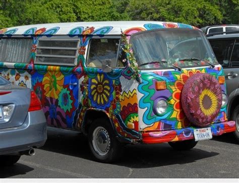 Colorful Volkswagen Van In A Parking Lot Hippie Themed Vehicle