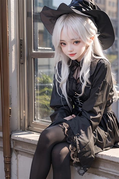 검은 마녀 의상을 입은 기린이 창틀에 앉아 있다 Seaart Ai