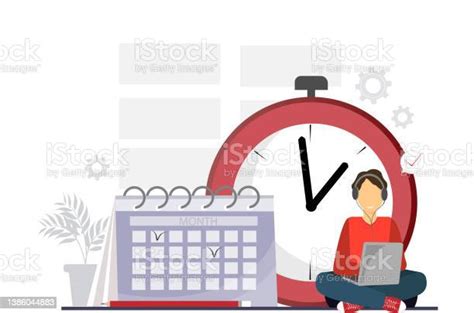 달력과 시계 기획 및 마감 개념 프리랜서 작업 개념 플랫 벡터 일러스트 레이션 근처의 랩톱으로 앉아 일하는 청년 달력에 대한 스톡 벡터 아트 및 기타 이미지 Istock