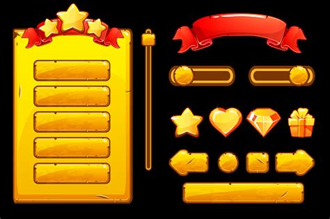 오래 된 황금 자산과 버튼 Ui 게임 게임 사용자 인터페이스 및 아이콘 만화 개체 그룹에 대한 스톡 벡터 아트 및 기타 이미지 개체 그룹 건설 프레임 경기 스포츠