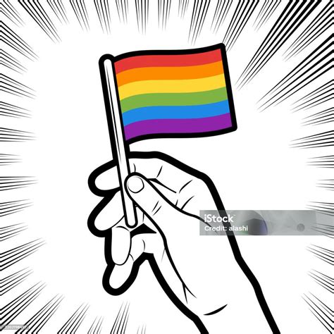 프라이드 깃발을 보여주는 사람의 손 방사형 만화 스피드 라인이 있는 배경 Lgbt 프라이드의 달에 대한 스톡 벡터 아트 및 기타 이미지 Lgbt 프라이드의 달