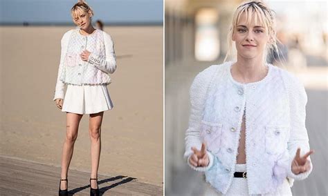Kristen Stewart Puts On A Leggy Display In White Mini Skirt And Tweed