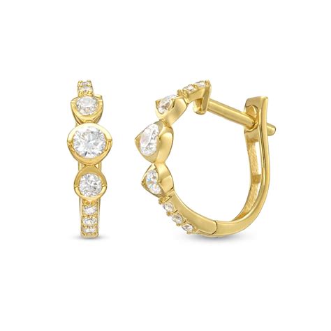 Cubic Zirconia Three Center Stone Huggie Hoop Earrings In 10k Gold Banter