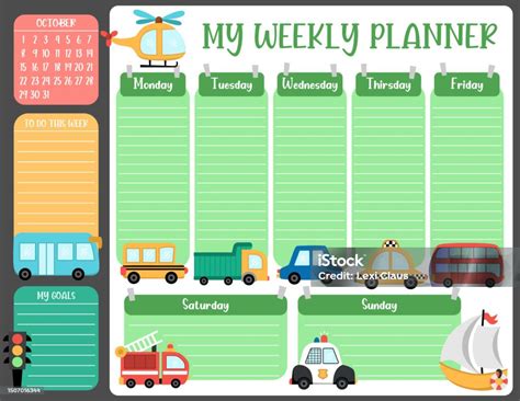 요일이 있는 벡터 교통 주간 플래너 할 일 목록 목표 아이들을 위한 귀여운 교통 달력 또는 시간표 소방차 경찰차 요트 택시 버스 신호등이 있는 로드 트립 포스터 수첩에 대한