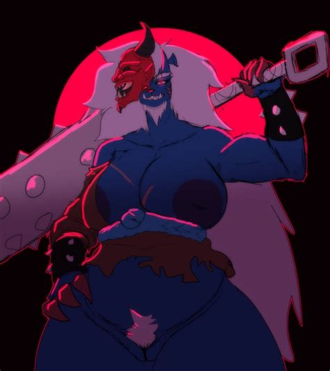 Rule 34 Areolae Big Breasts Blue Skin Breasts Demon Female Hand On Hip Holding Weapon Horns