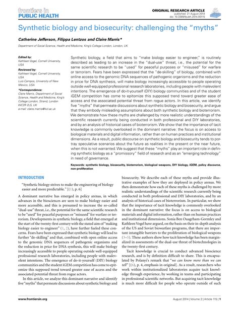 PDF Synthetic Biology And Biosecurity Challenging The Myths