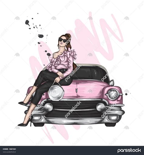 دختر زیبا با لباس های شیک و ماشین قدیمی مد و استایل لباس و اکسسوری تصویر برداری برای کارت پستال