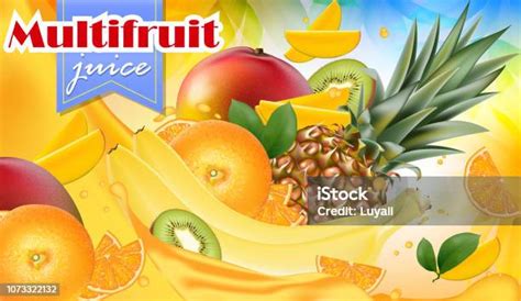 벡터 광고 3d 프로 모션 배너 현실적인 망고 오렌지 바나나 파인애플 떨어지는 조각 주스 방울 비타민 Splashing 단풍