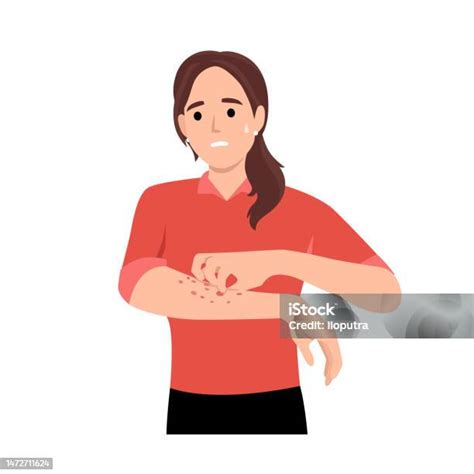 불행한 고통받는 여자는 그녀의 손에 피부를 긁는다 알레르기 건선 가려움증 아토피 성 피부염 습진 건조 발적과 같은 다양한 피부