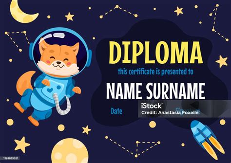 행성 별 로켓 달이 있는 열린 공간에서 귀여운 개 우주비행사와 함께 유치원과 초등학교의 어린이 또는 어린이를 위한 졸업장 증서 벡터 만화 평면 일러스트레이션 유치원에 대한