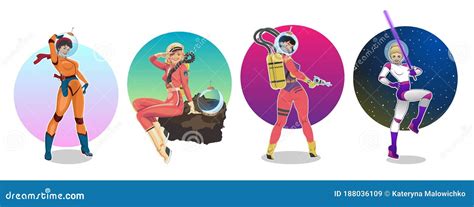Space Pin Up Girls Illustration Set Stock Vector Illustration Of